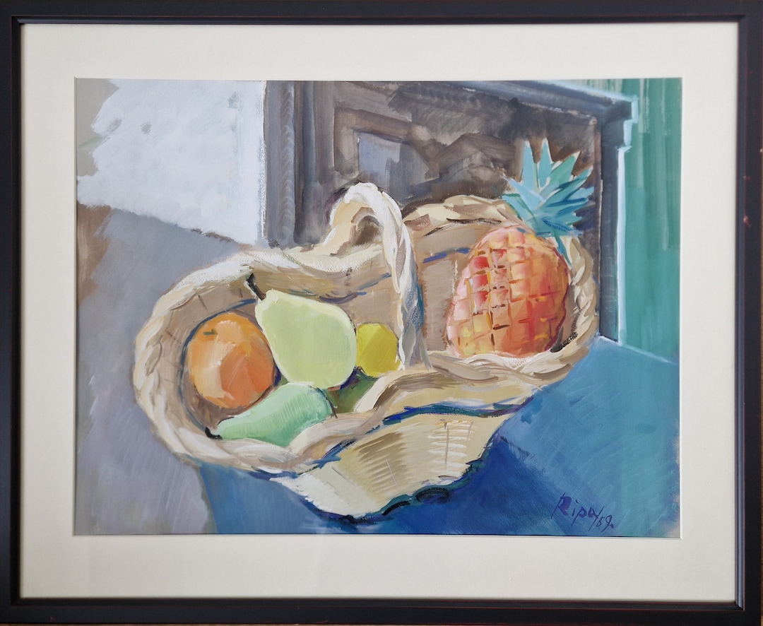 Original Watercolor Still Life, Fruit in Basket, Colorful Watercolor ...