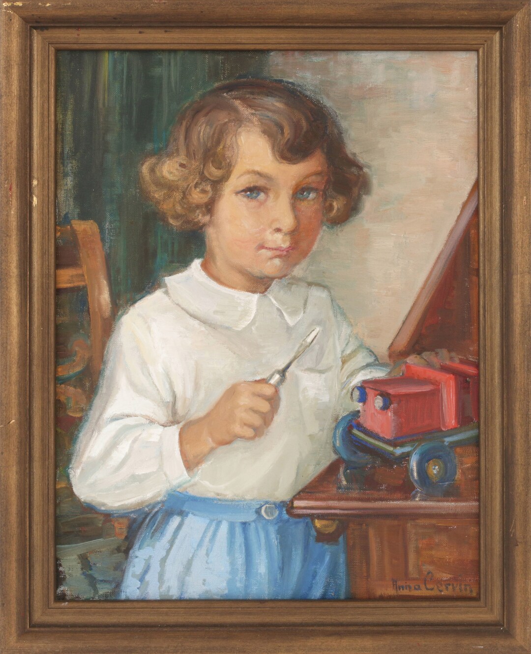 Original Portrait Oil Painting in Frame Girl With Car Toy by Swedish ...