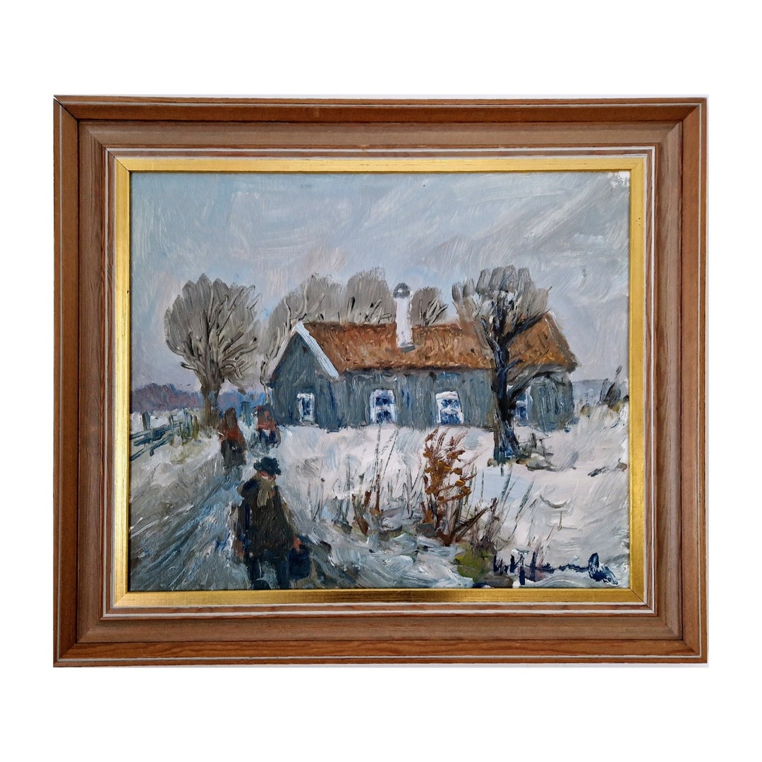 Scandinavian Oil Painting, Landscape Oil, Winter Village, People ...
