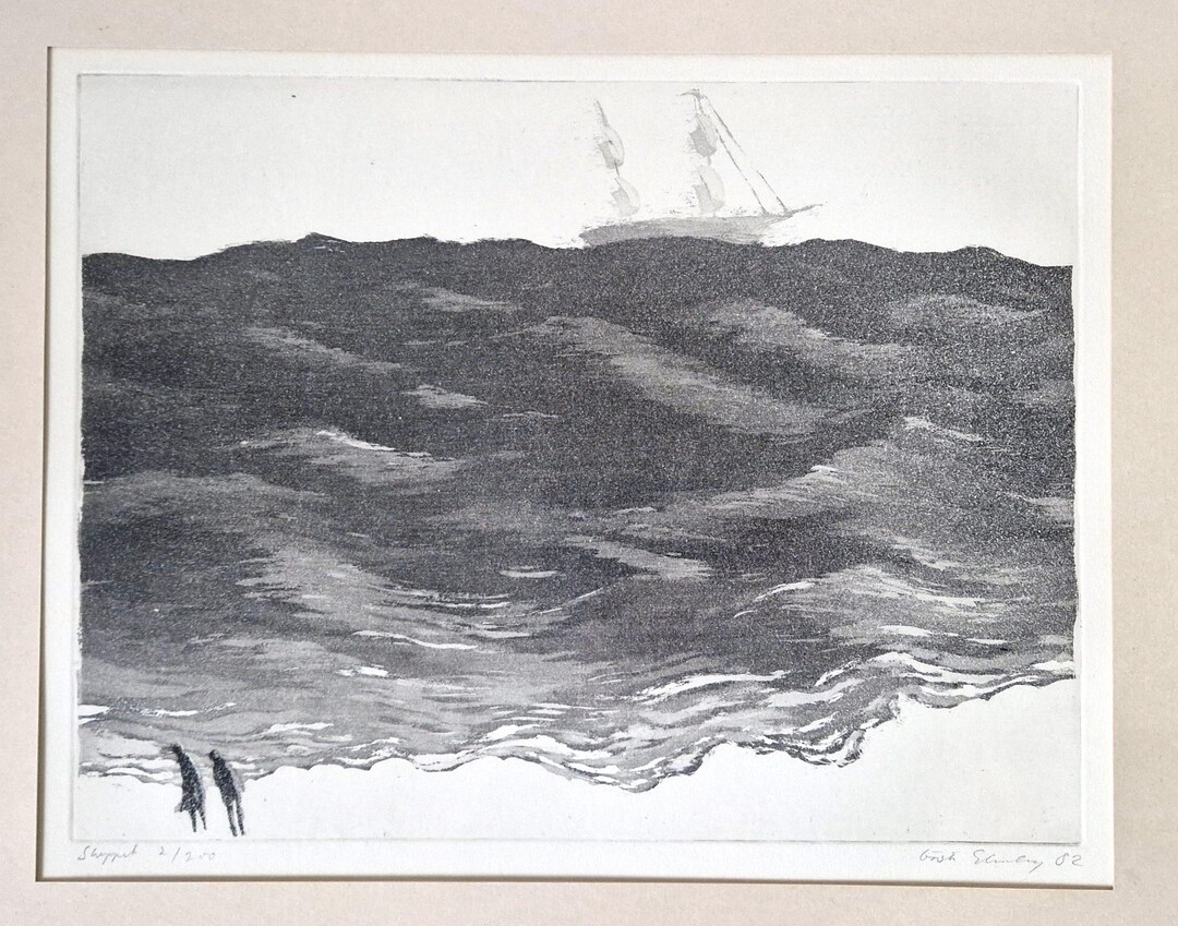 Original Seascape Etching: Two Figures, Sailing Ship, Framed Art - Etsy