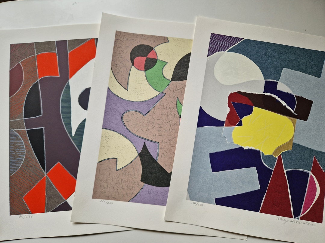 Three Original Abstract Lithographs, Abstract Bright Colour Composition ...
