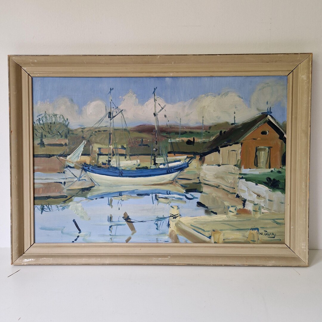 Harbour With Sailing Boat and Boathouse | Original Oil Painting by ...
