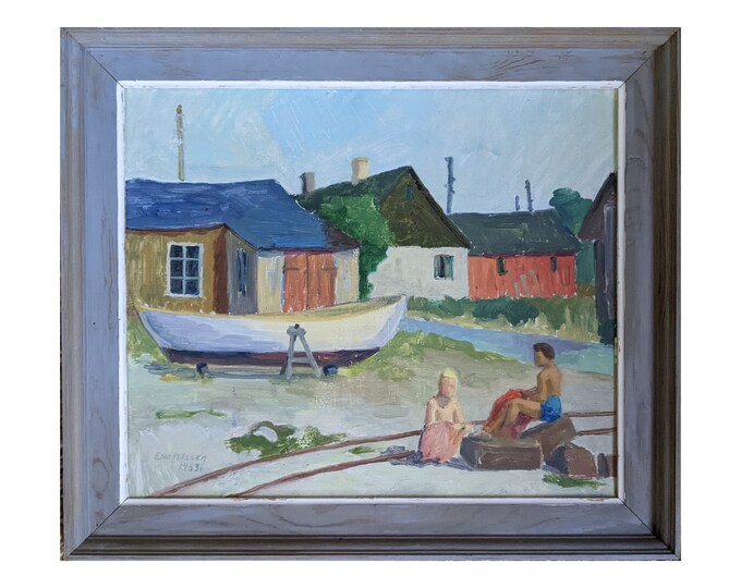Vintage Oil Painting | Swedish Painting | Two Children | Summer | Boat ...