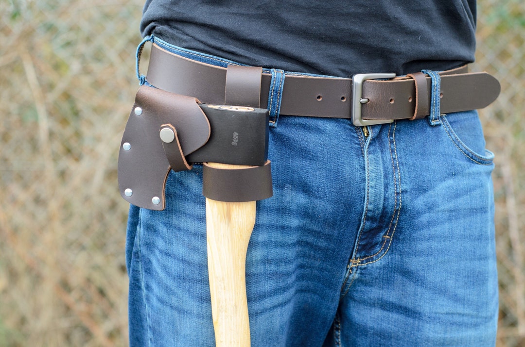Full Grain Leather Belt, Holster and Hatchet Axe Cover in Brown - Made ...