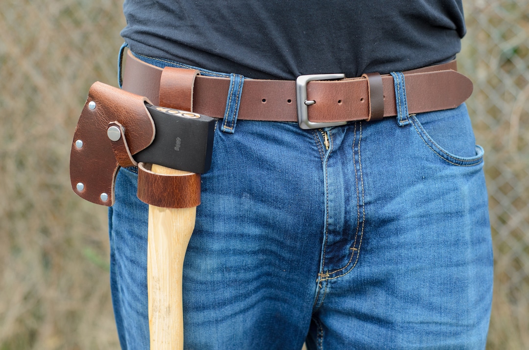 Full Grain Leather Belt, Holster and Hatchet Axe Cover in Antique Brown ...