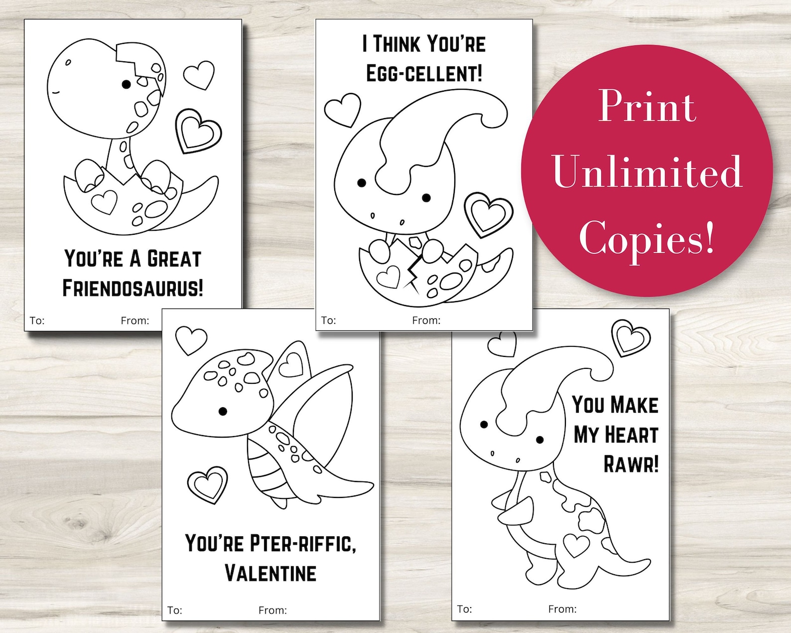 Coloring Dinosaur Valentine Card for Classroom Valentine's Day Parties ...