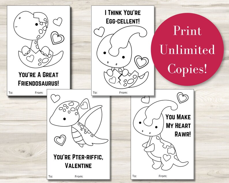 Coloring Dinosaur Valentine Card for Classroom Valentine's Day Parties ...