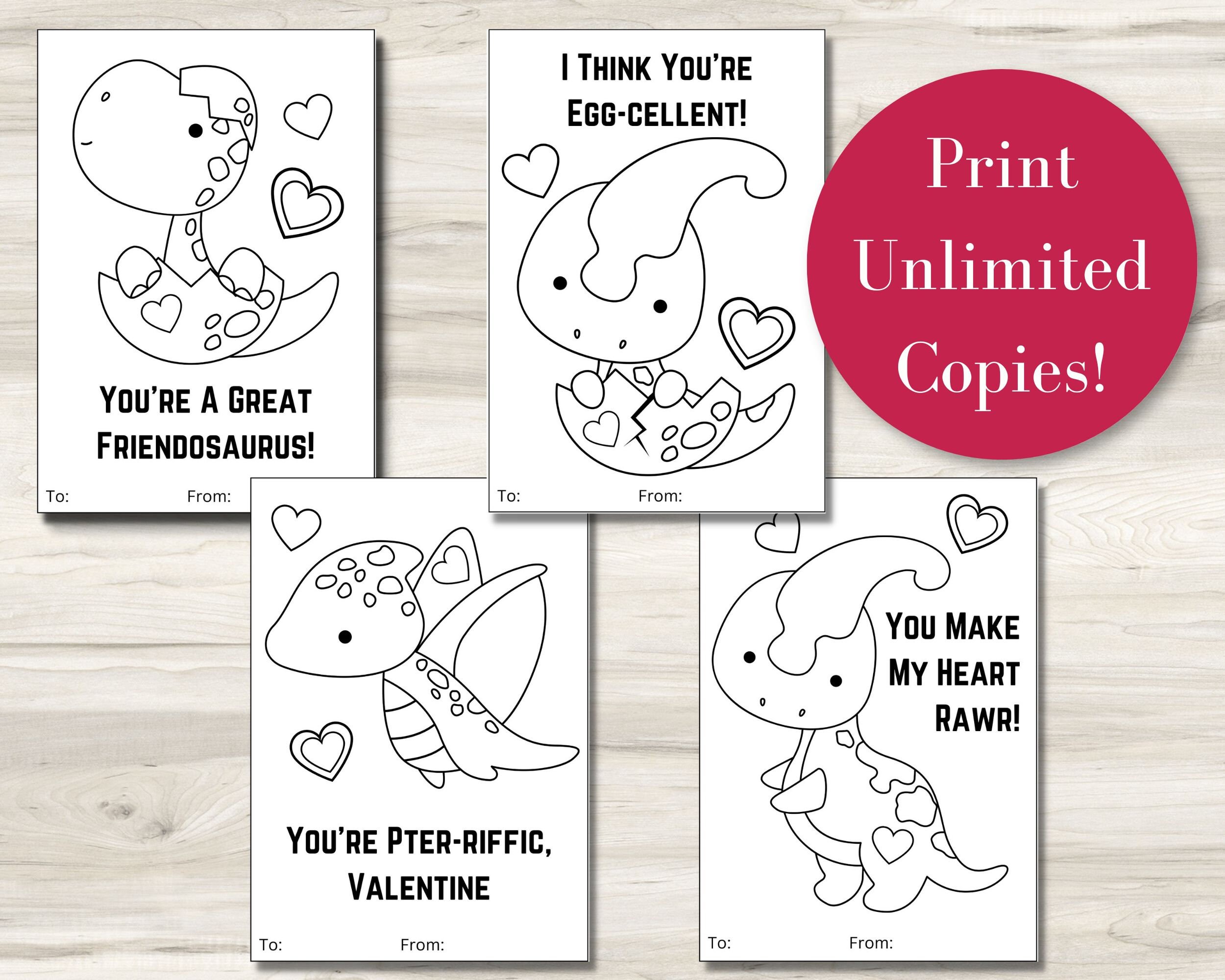 Coloring Dinosaur Valentine Card for Classroom Valentine's Day Parties ...