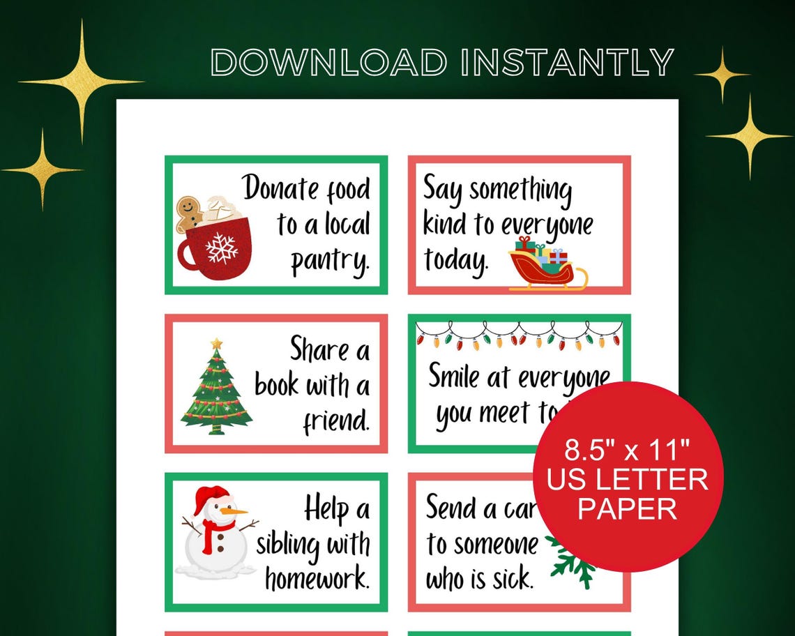 Kindness Advent Calendar Cards, Christmas Countdown Kindness Cards ...