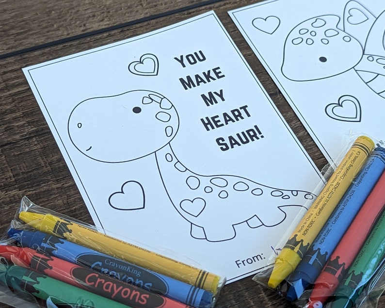 Coloring Dinosaur Valentine Card for Classroom Valentine's Day Parties ...