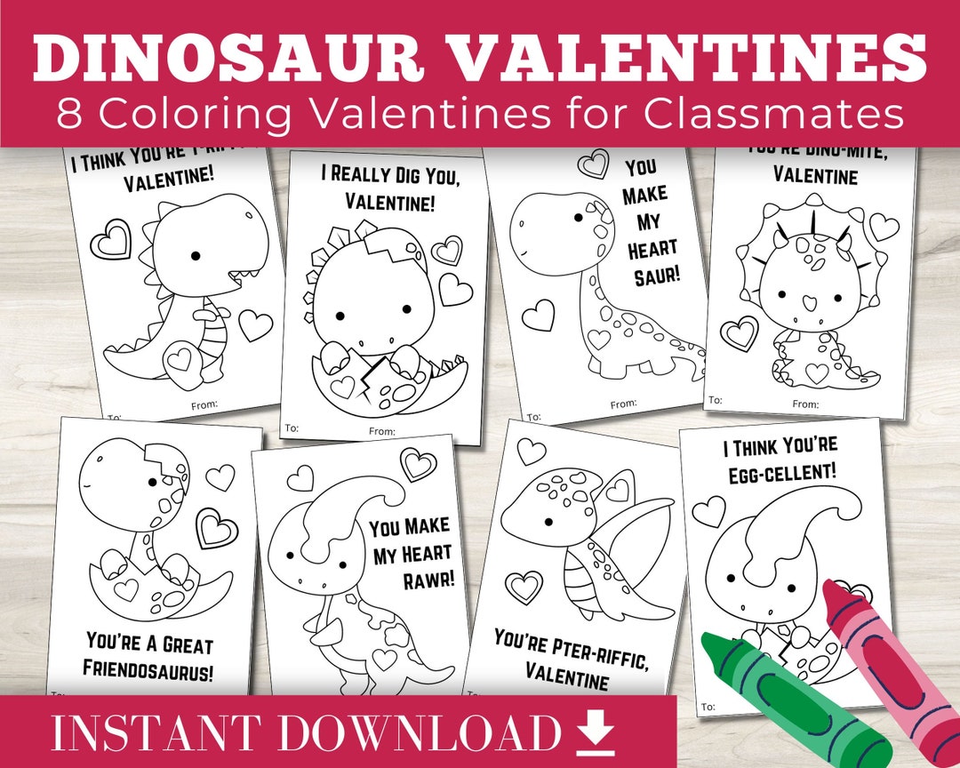 Coloring Dinosaur Valentine Card for Classroom Valentine's Day Parties ...