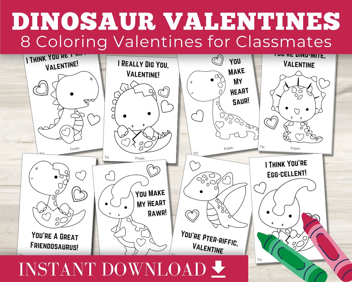 Coloring Dinosaur Valentine Card for Classroom Valentine's Day Parties ...