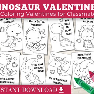 Coloring Dinosaur Valentine Card for Classroom Valentine's Day Parties ...
