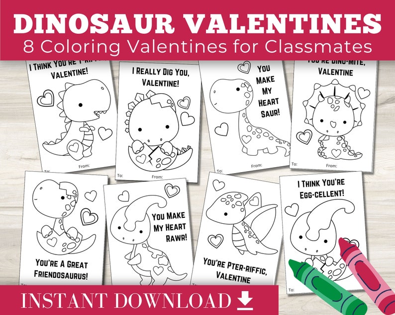 Coloring Dinosaur Valentine Card for Classroom Valentine's Day Parties ...