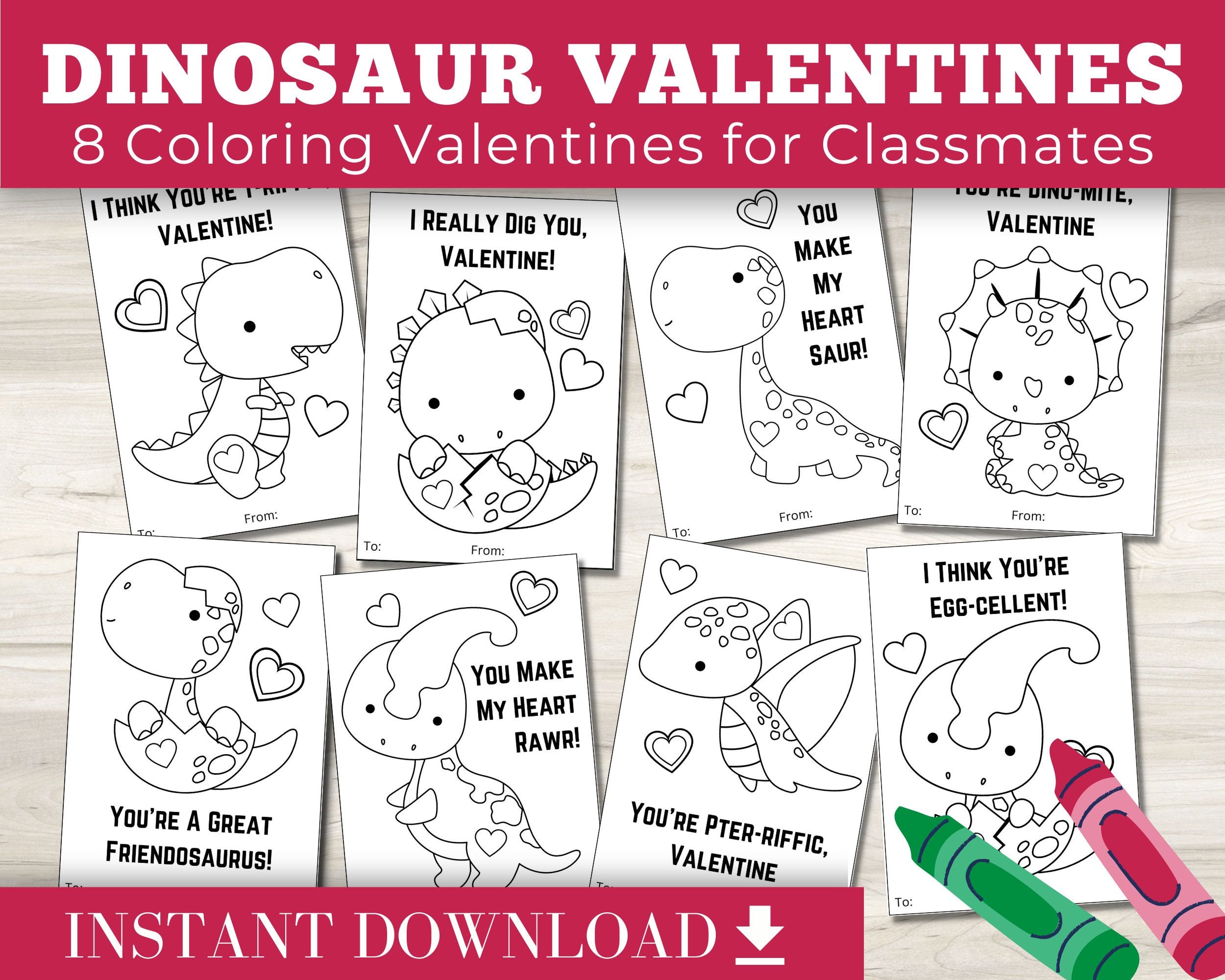 Coloring Dinosaur Valentine Card for Classroom Valentine's Day Parties ...