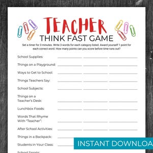 Teacher Think Quick Trivia Game, PRINTABLE Classroom Game, Back to ...