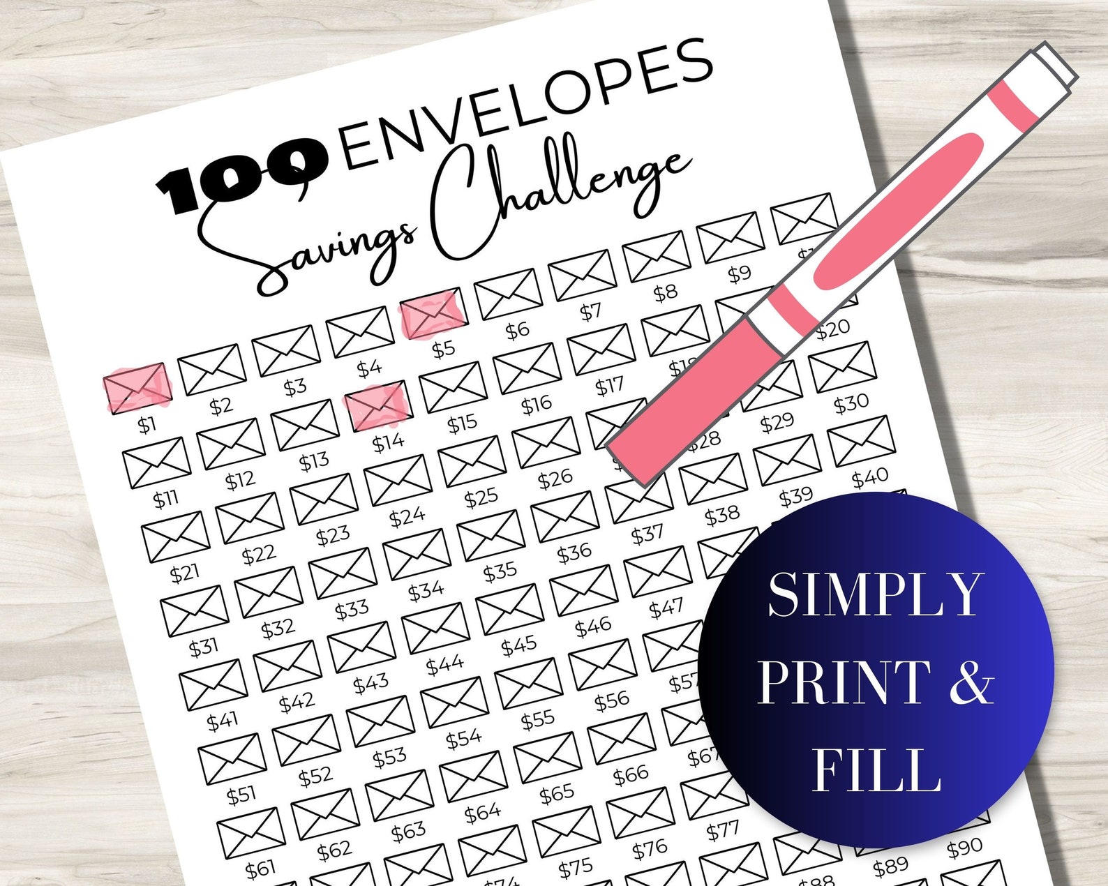 100 Envelope Challenge Printable, Save 5000 in 100 Days, Money Save ...