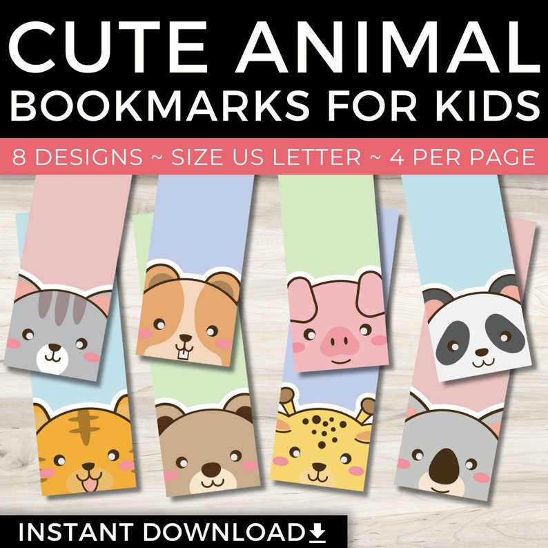Printable Bookmarks for Kids, Cute Bookmark Set, 8 Animal Bookmarks for ...