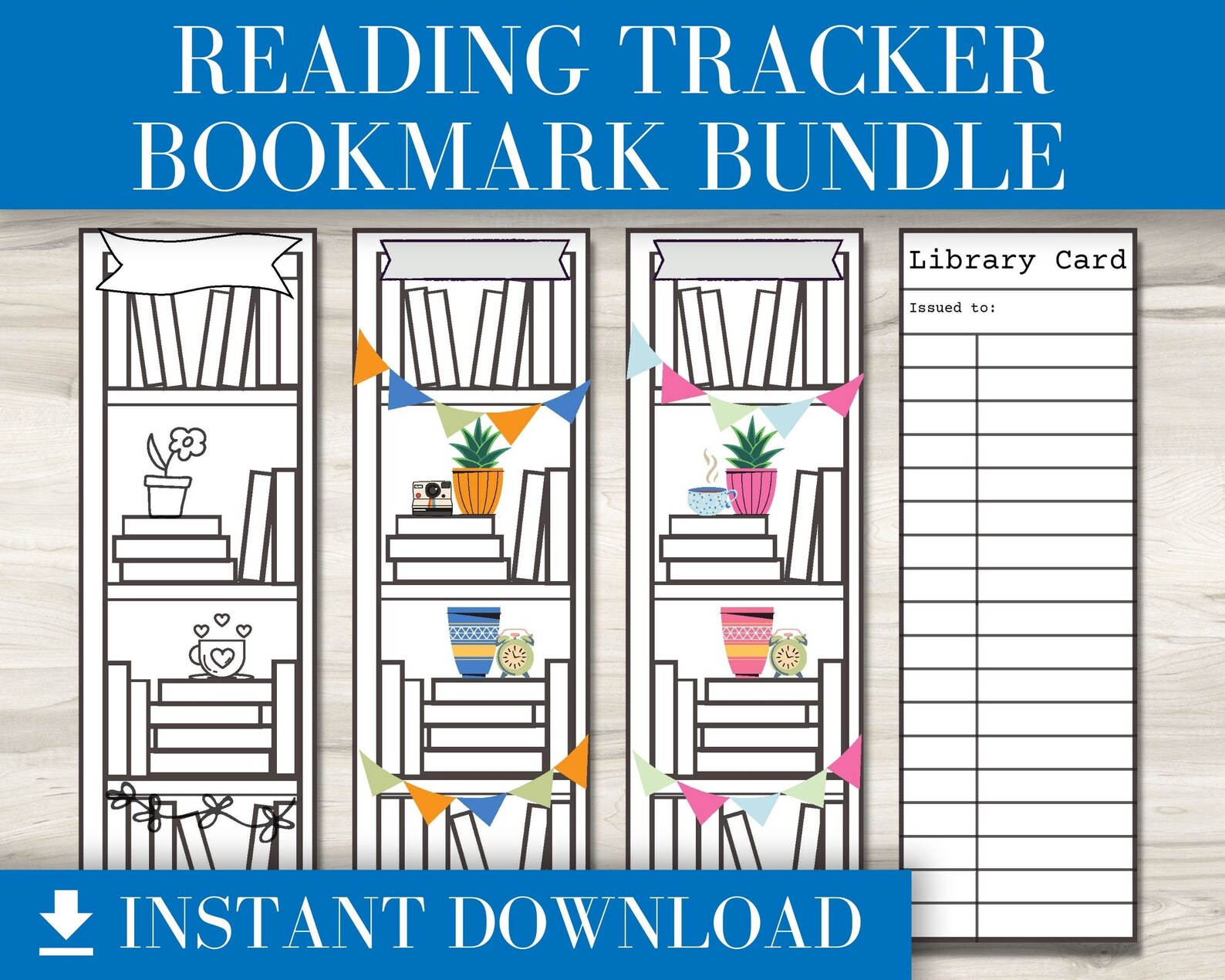 4 Reading Tracker Bookmarks With Bookshelf & Vintage Library Card to ...