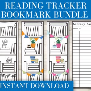 4 Reading Tracker Bookmarks With Bookshelf & Vintage Library Card to ...