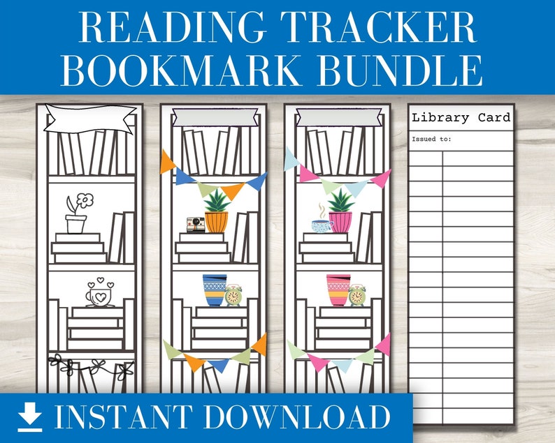 4 Reading Tracker Bookmarks With Bookshelf & Vintage Library Card to ...