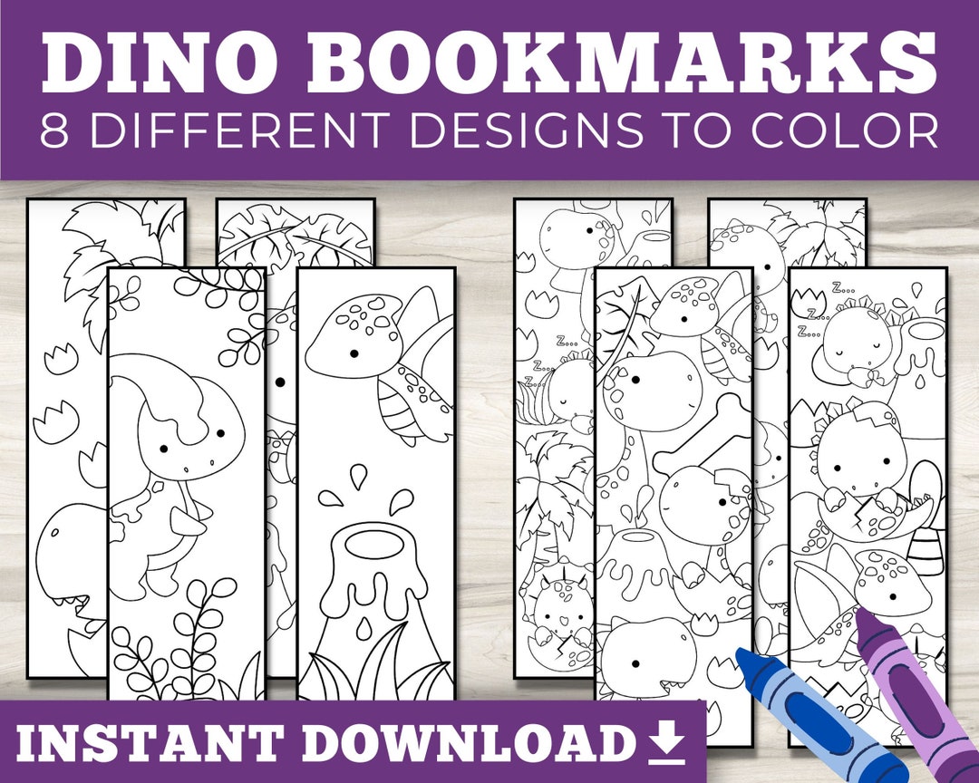 Dinosaur Coloring Bookmarks, 8 Printable Bookmarks for Kids, Dino ...