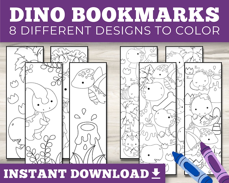Dinosaur Coloring Bookmarks, 8 Printable Bookmarks for Kids, Dino ...
