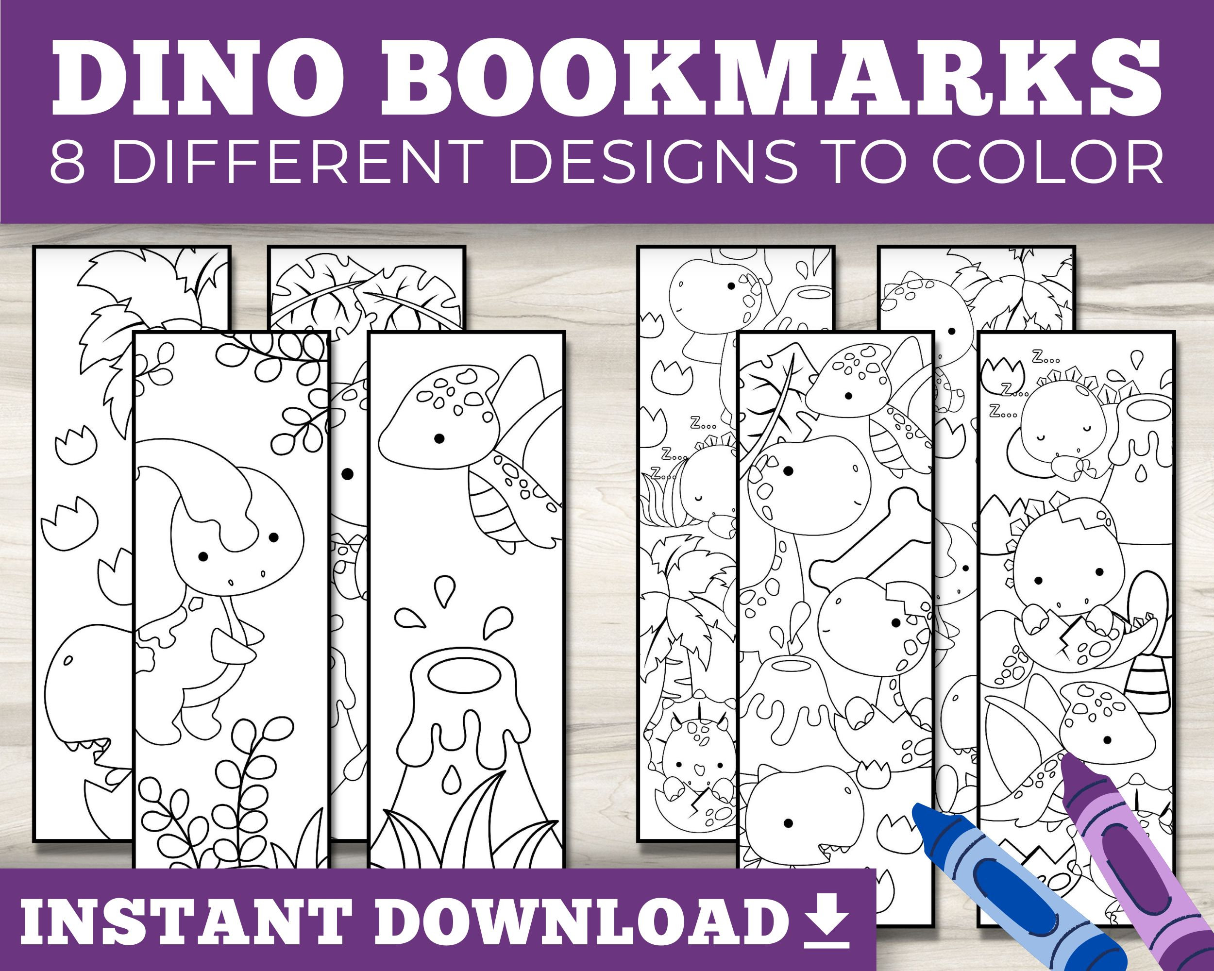 Dinosaur Coloring Bookmarks, 8 Printable Bookmarks for Kids, Dino ...