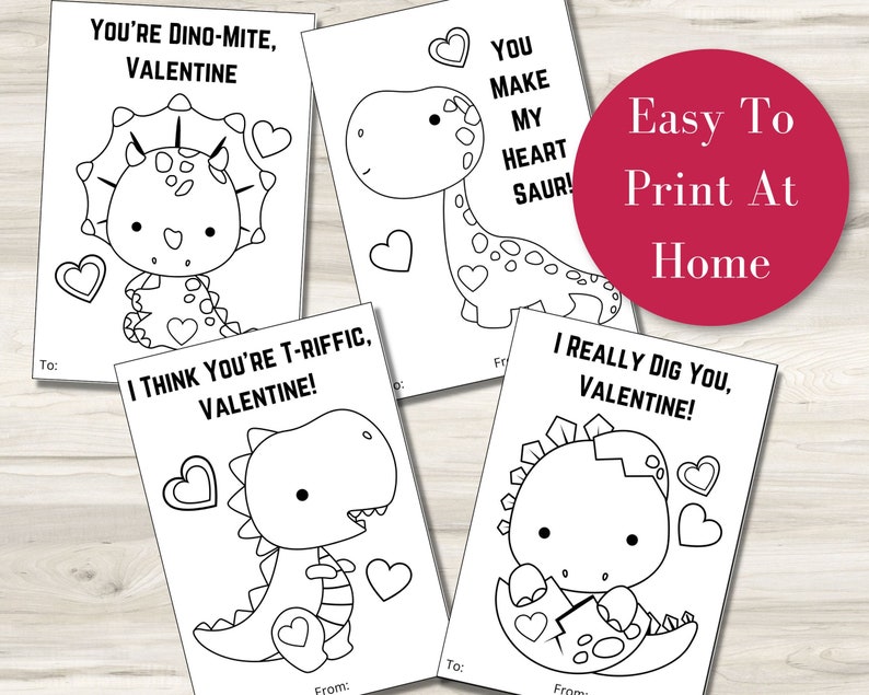 Coloring Dinosaur Valentine Card for Classroom Valentine's Day Parties ...