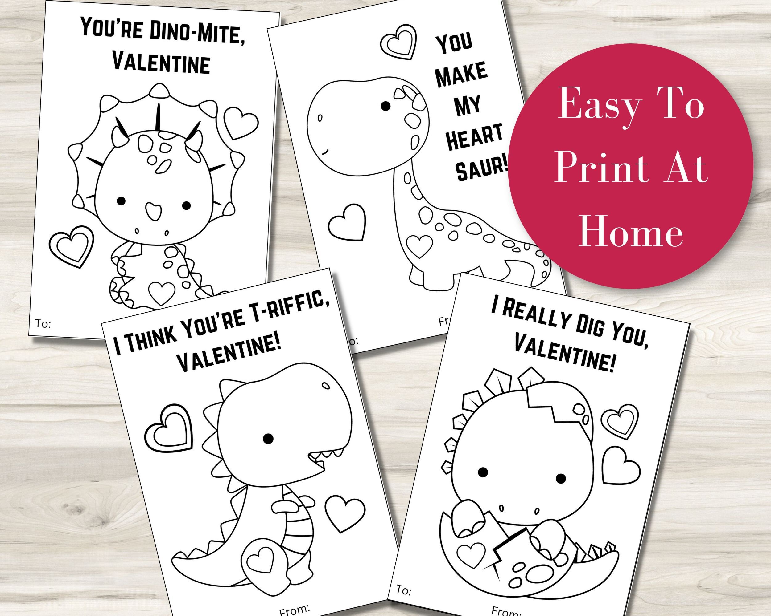 Coloring Dinosaur Valentine Card for Classroom Valentine's Day Parties ...