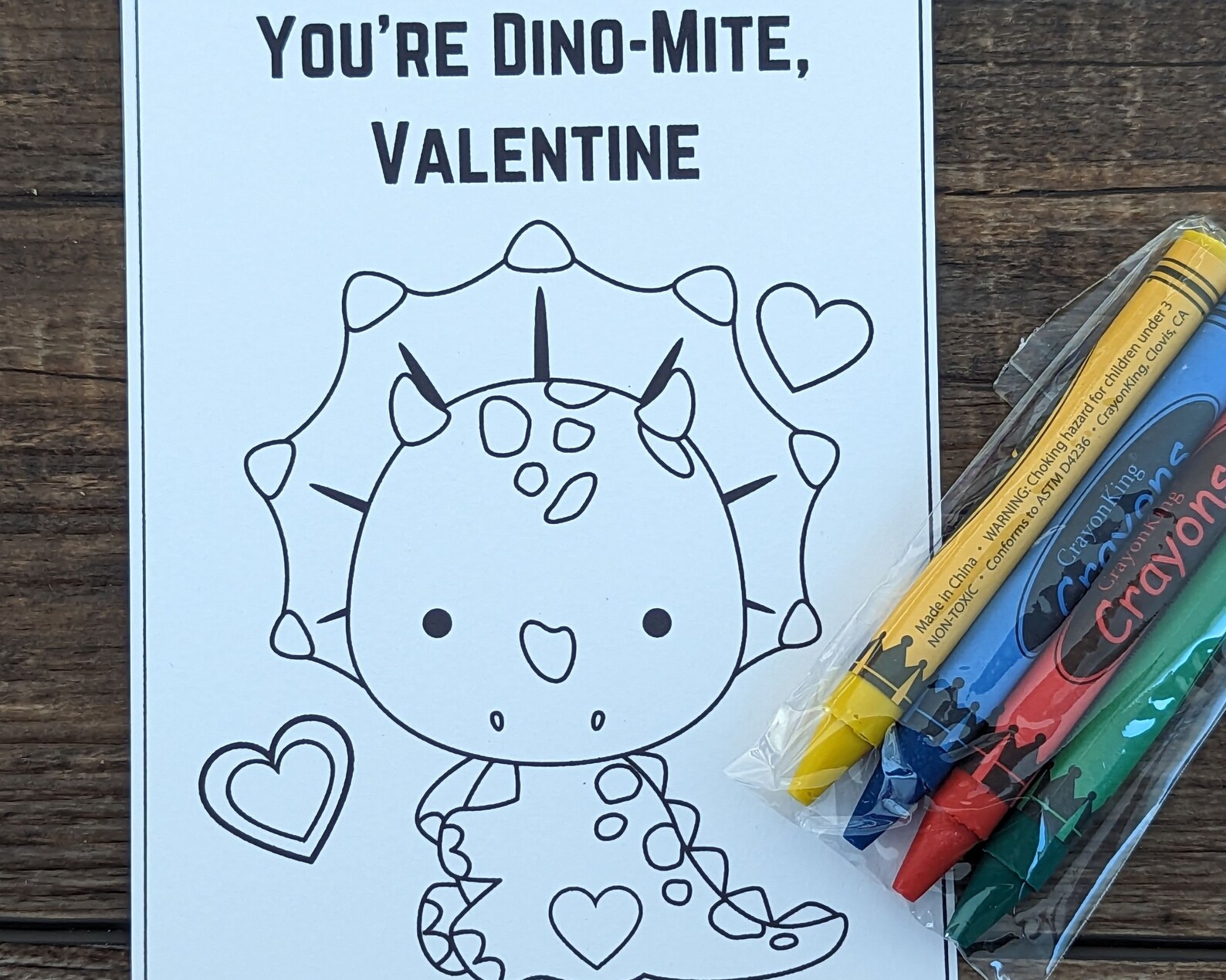Coloring Dinosaur Valentine Card for Classroom Valentine's Day Parties ...
