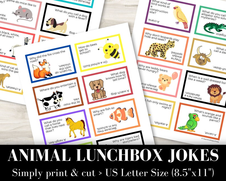 Animal Lunchbox Notes for Kids, Printable Lunch Box Jokes, Lunch Notes ...