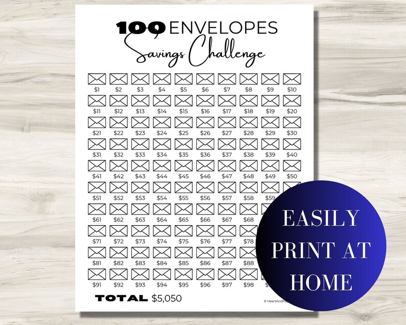 100 Envelope Challenge Printable, Save 5000 in 100 Days, Money Save ...