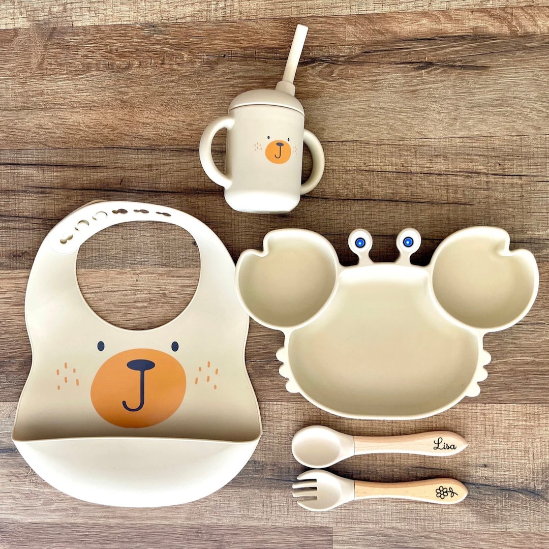 Set repas complet enfant bébé personnalisé en bois et silicone en forme ...