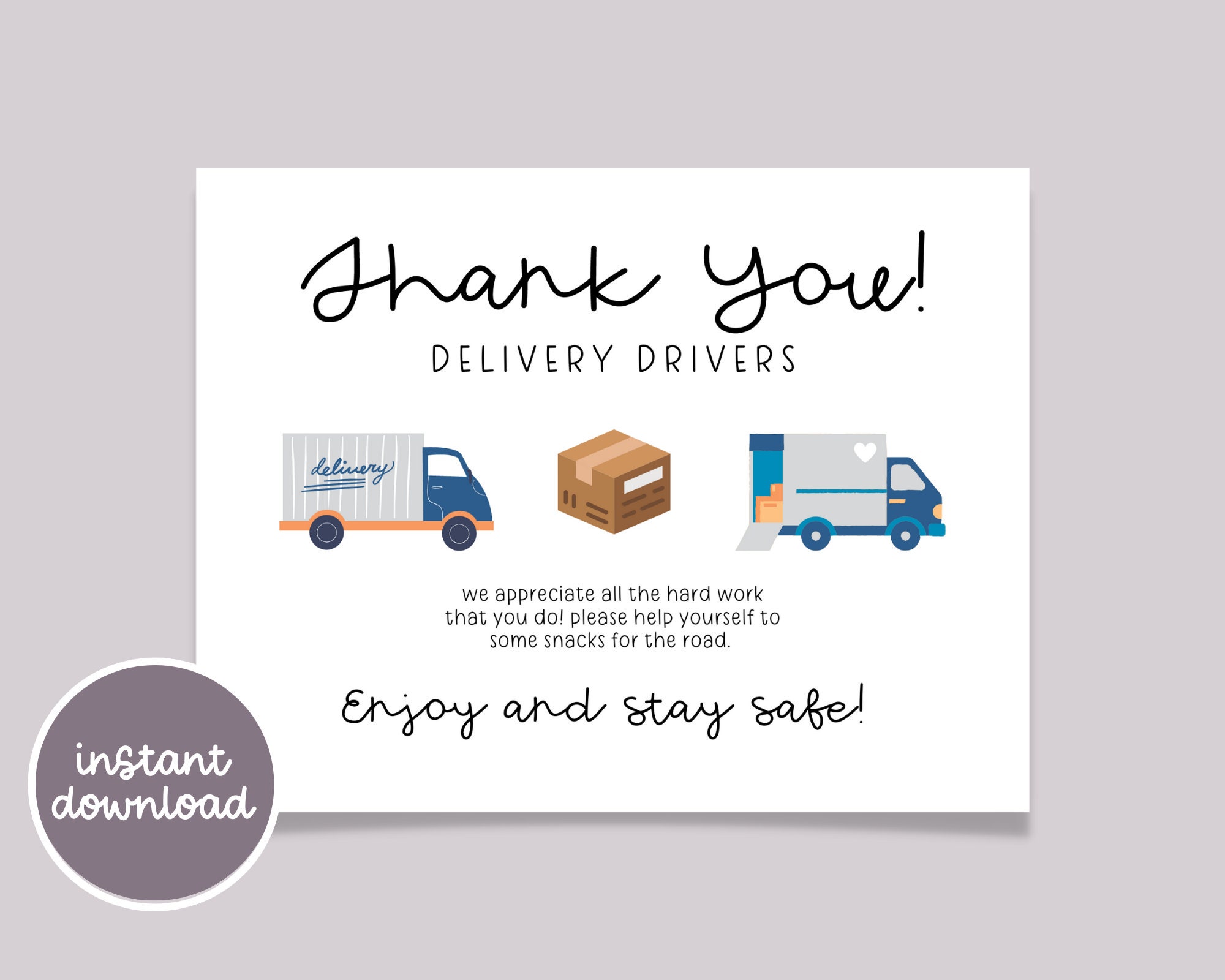 Delivery Driver Thank You Printable, Instant Download, 8.5x11 Thank You ...