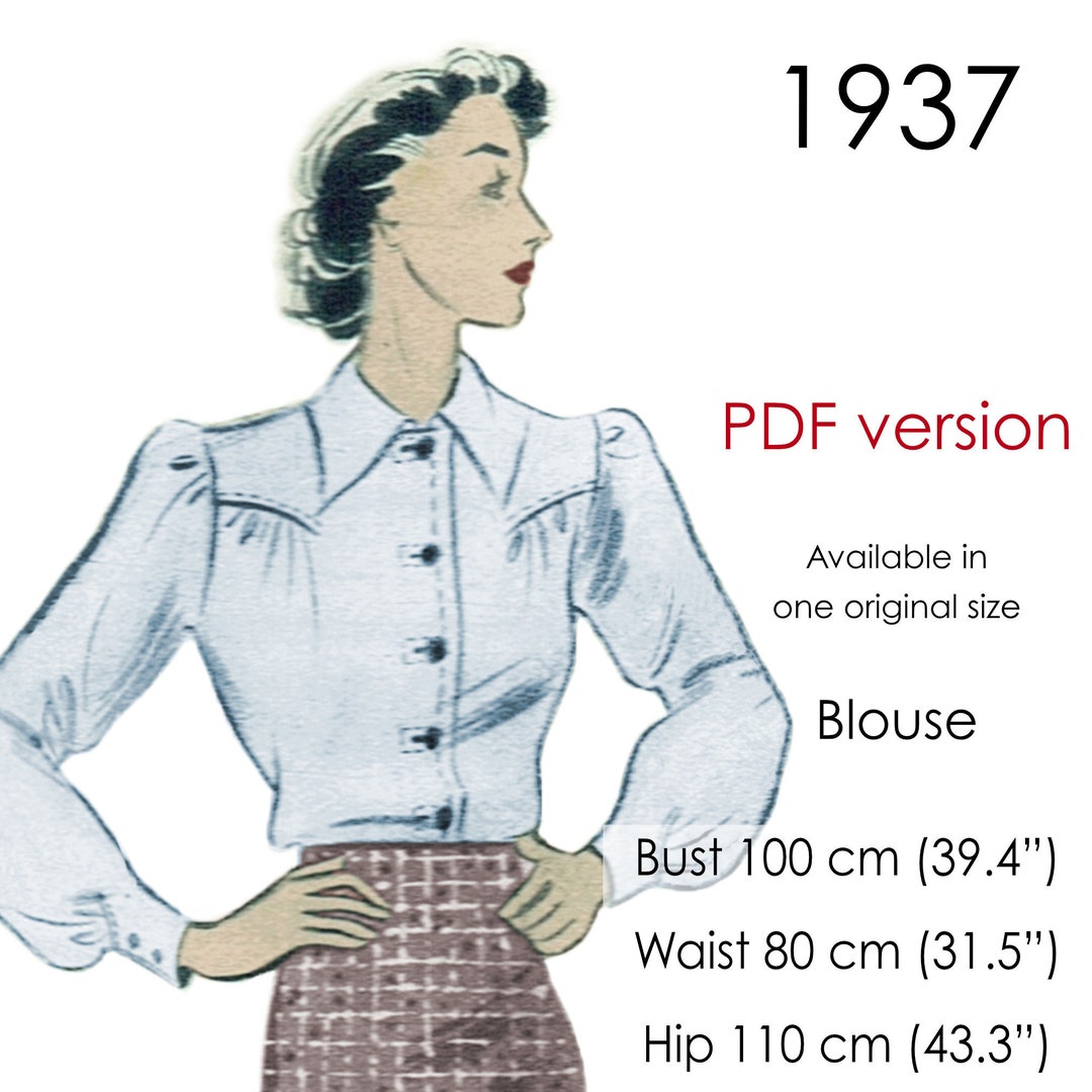 1930s Blouse Pattern. Button Front, Long Sleeves, Wide Collar and Back ...