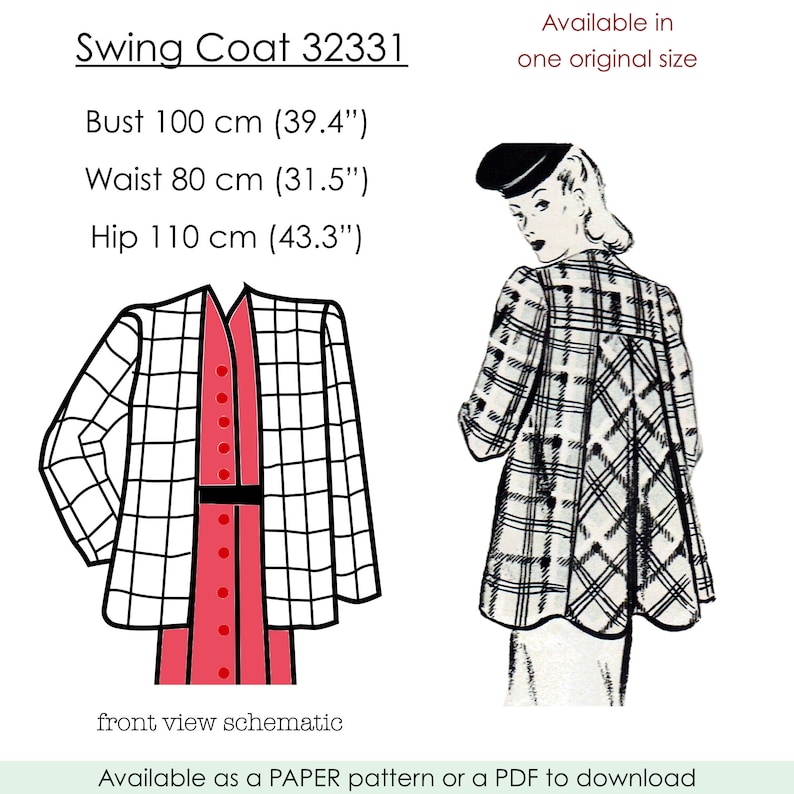 1940s Swing Coat Sewing Pattern. Swing Coat With Yoke and Flared Back. Original Vintage Size for ...