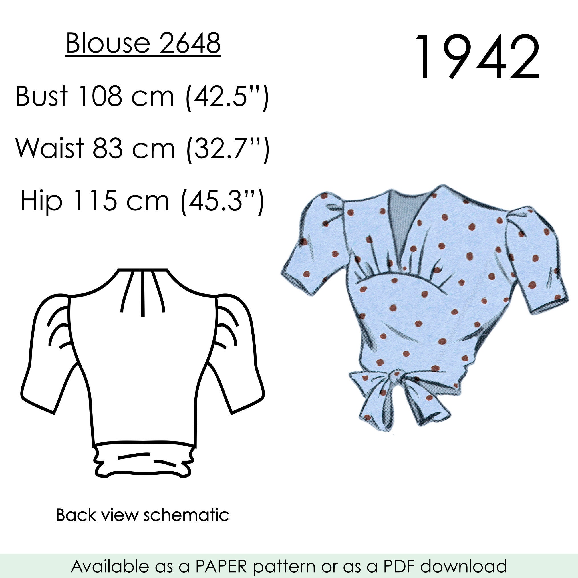 1940s Blouse Pattern With Front Bust Gathers, a V-neck & Short Sleeves ...