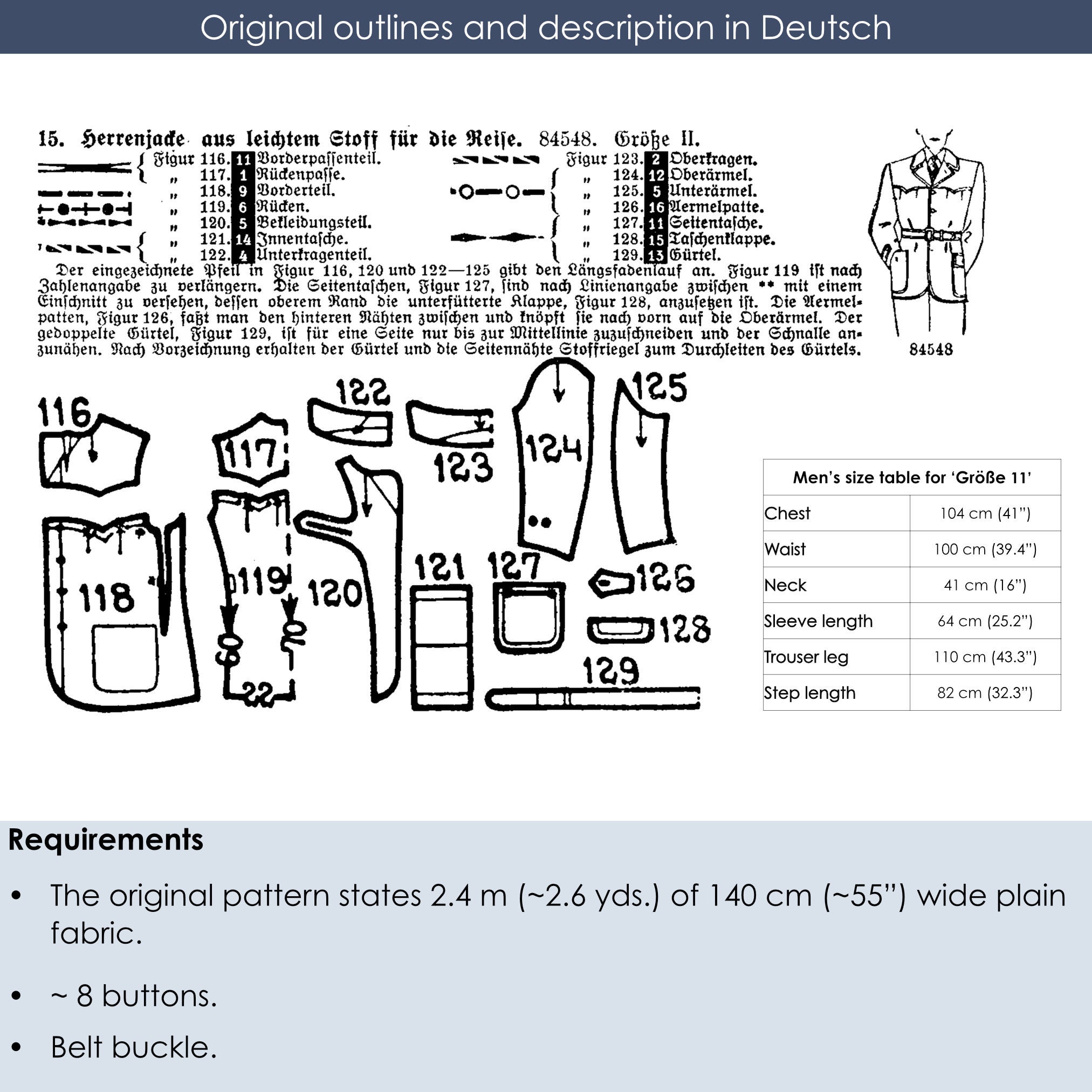 1930s Men's Sports Jacket Pattern. Original Vintage Size: Chest 104 Cm ...
