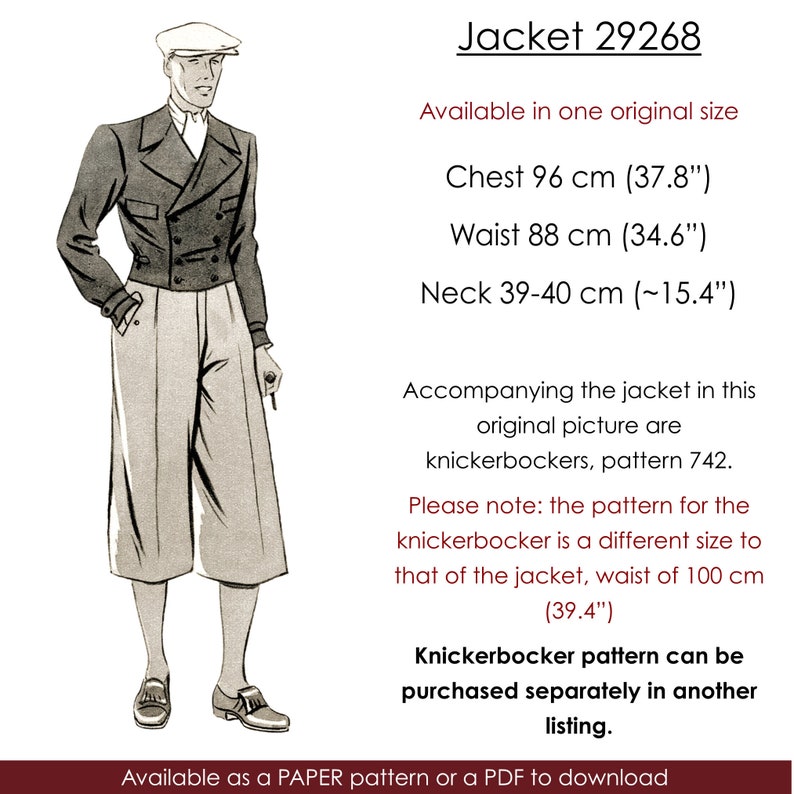 1936 Men's Short Jacket Pattern, Double Breasted Coat Pattern. Original ...