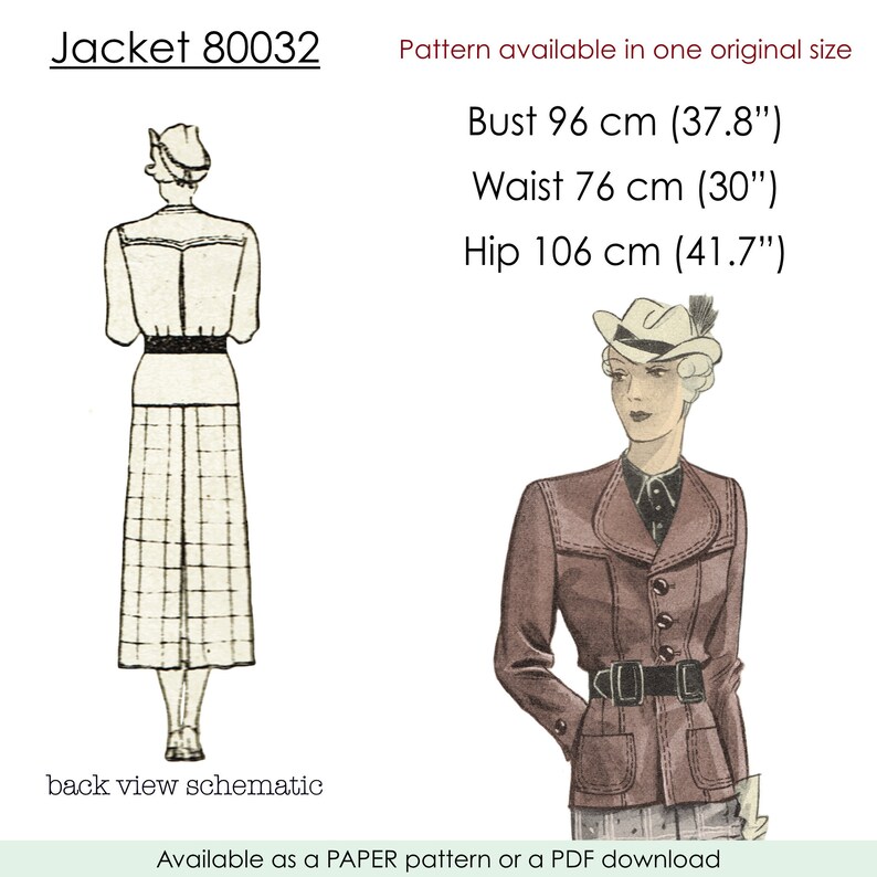 1930s Women's Sports Jacket Pattern. Original Vintage Size: Bust 96 Cm ...