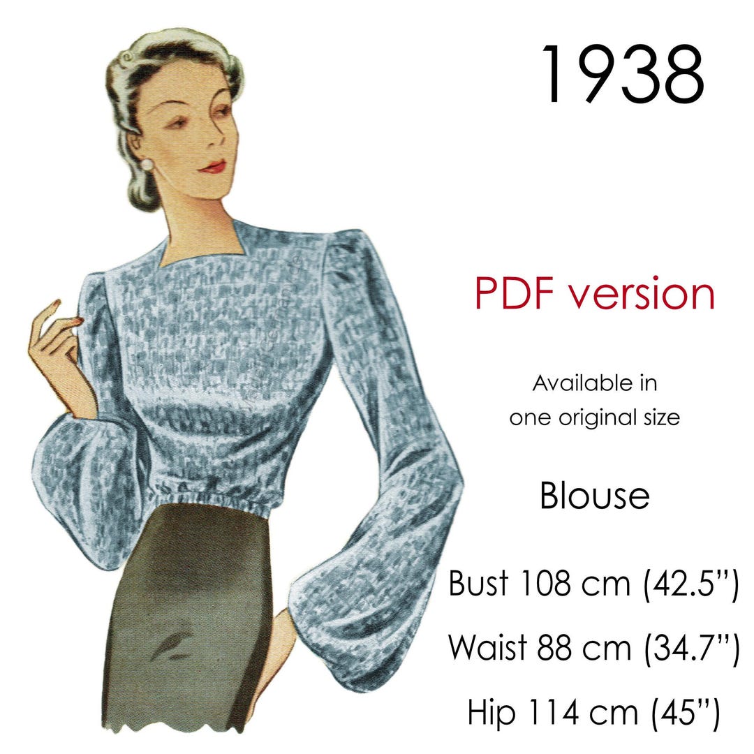 1938 Blouse Pattern With Back Yoke, Long Flowing Flared Sleeves, Square ...