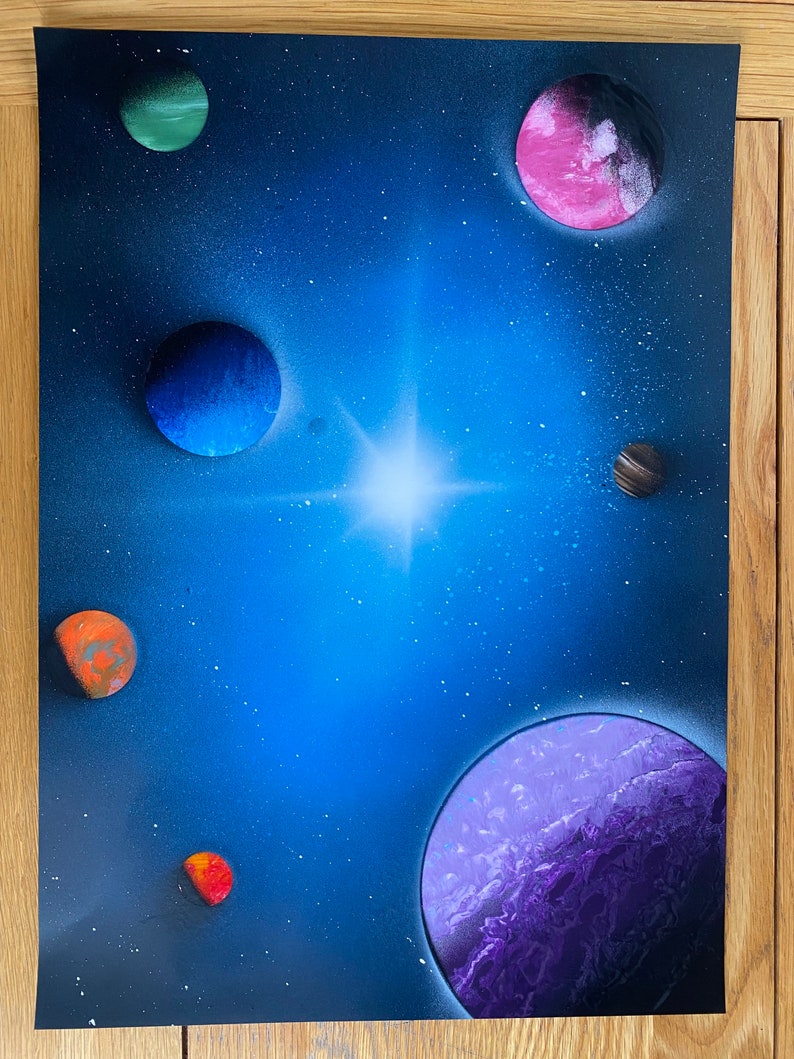 Spray Paint Art - Planets in a Blue Nebula - Etsy