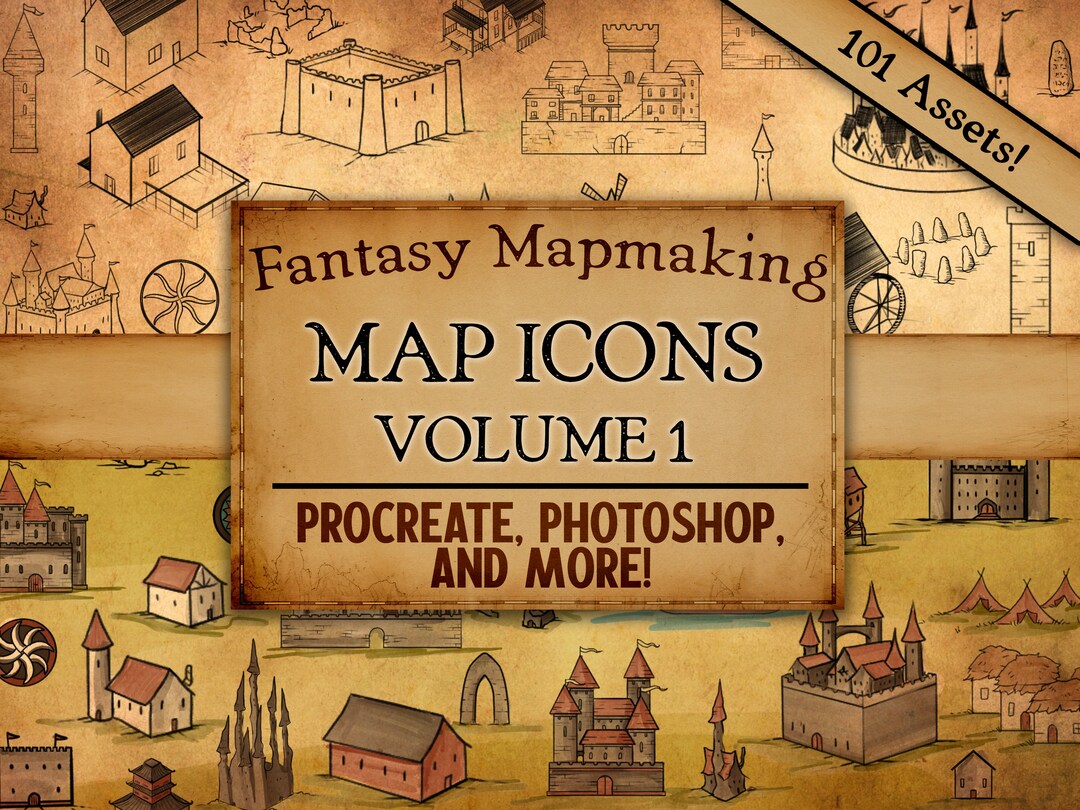 101 Fantasy Map Icon Brushes Volume 1 for Procreate, Photoshop, City ...