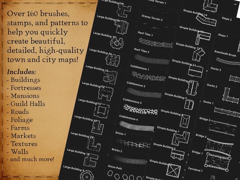City Town Mapmaking Brushes for Photoshop, Procreate, Seamless Patterns ...