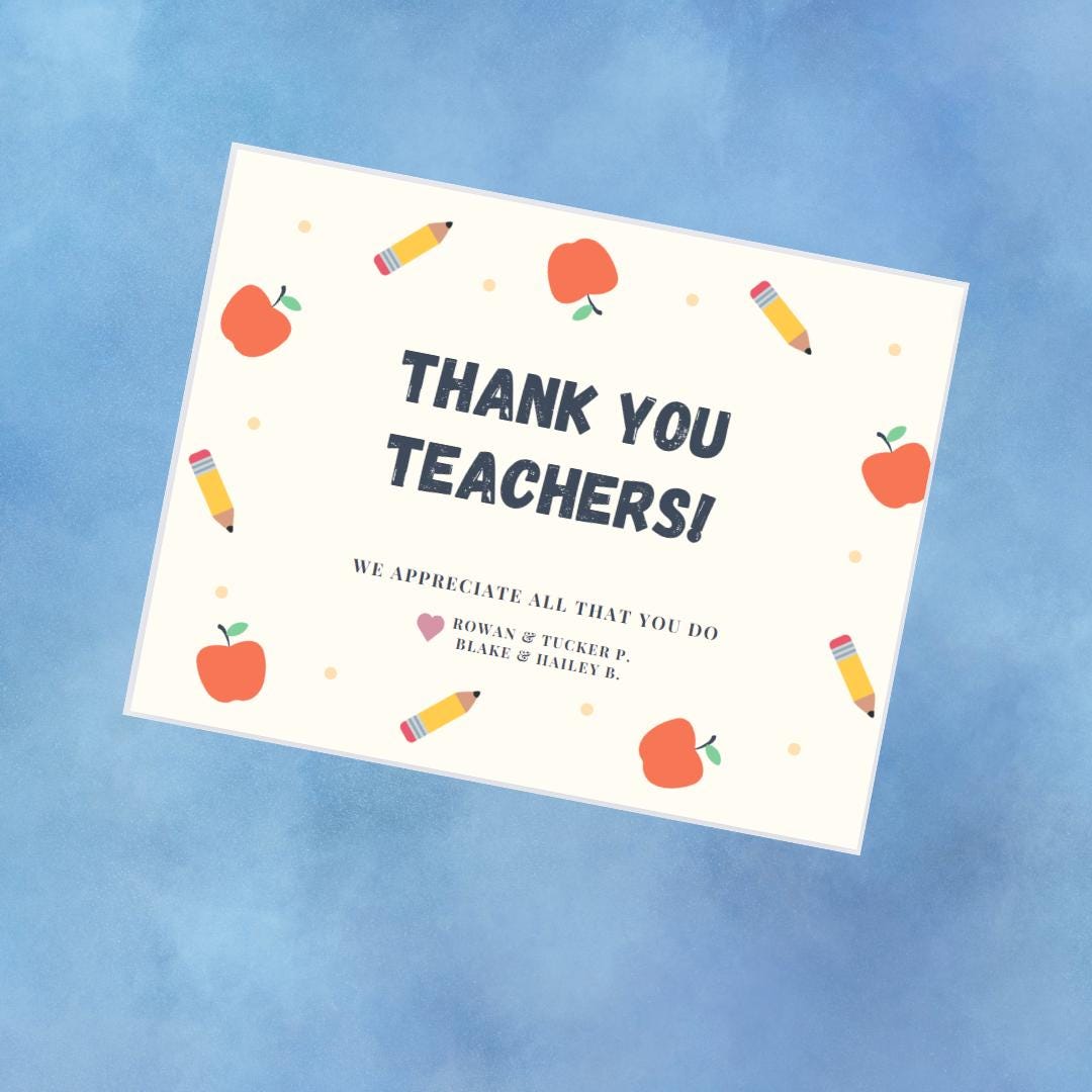 Customizable Teacher Thank You Note, Teacher Appreciation Card ...