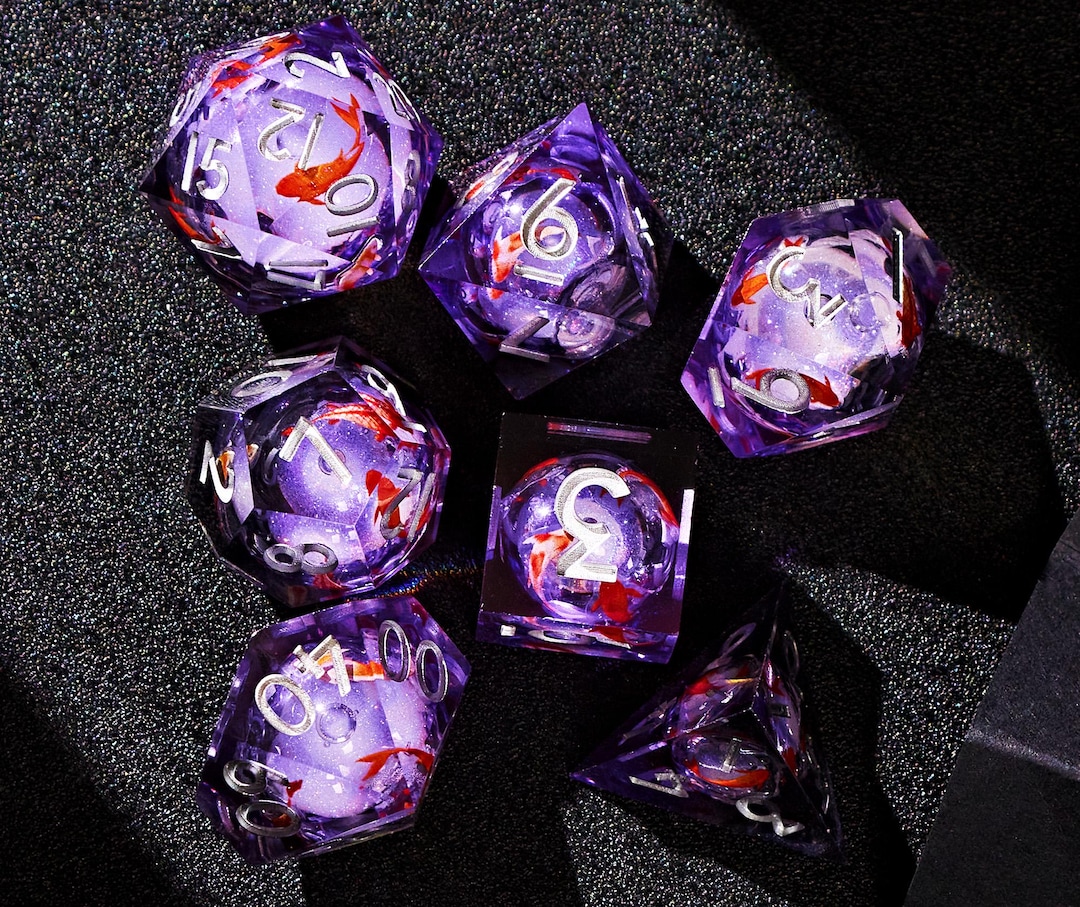Purple Koi Liquid Core Dice Set for Rpgs, Come With 3D Colorful Dragon ...