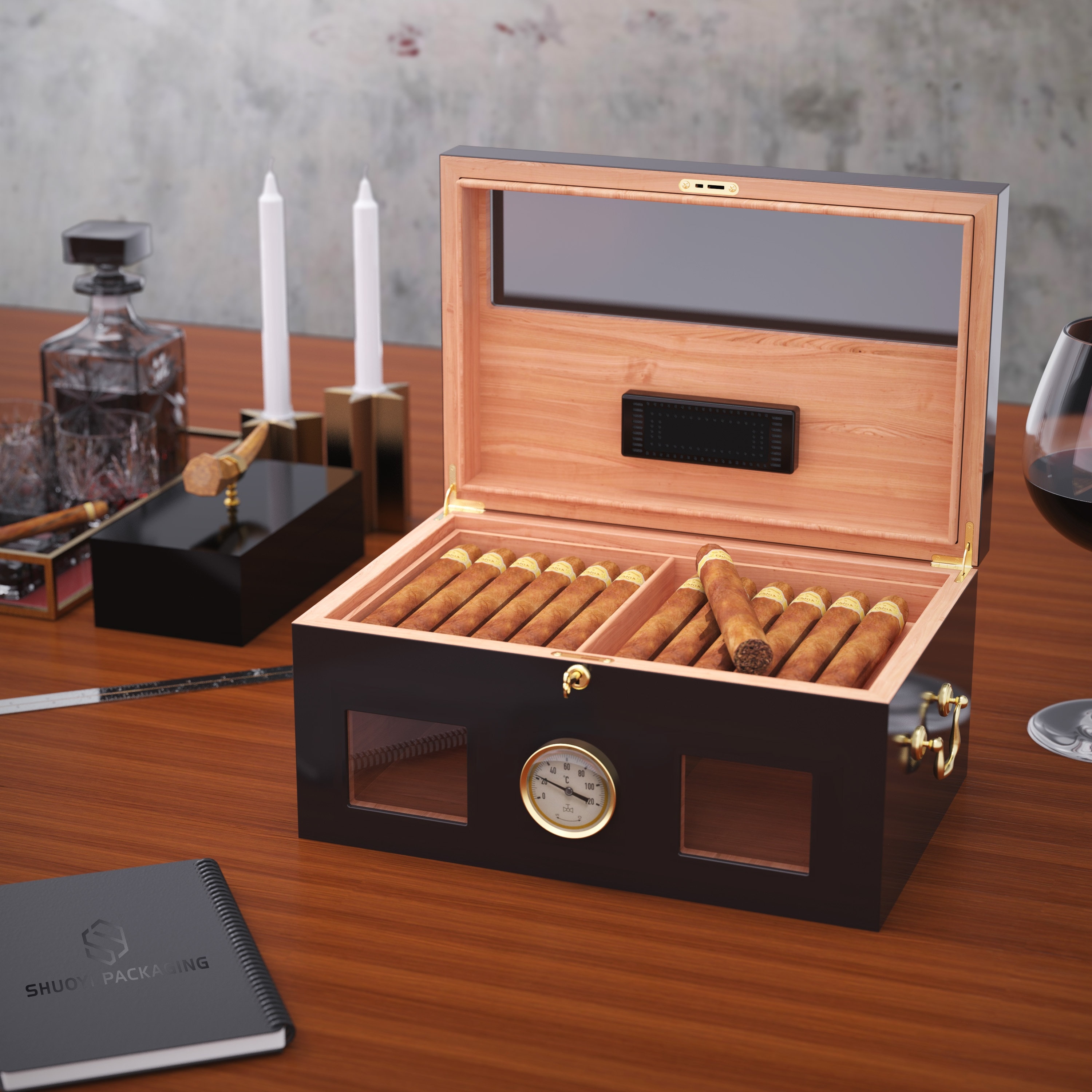 Matte Black Cedar Wood Cigar Humidor Box With Handles and Lock 50-75 ...