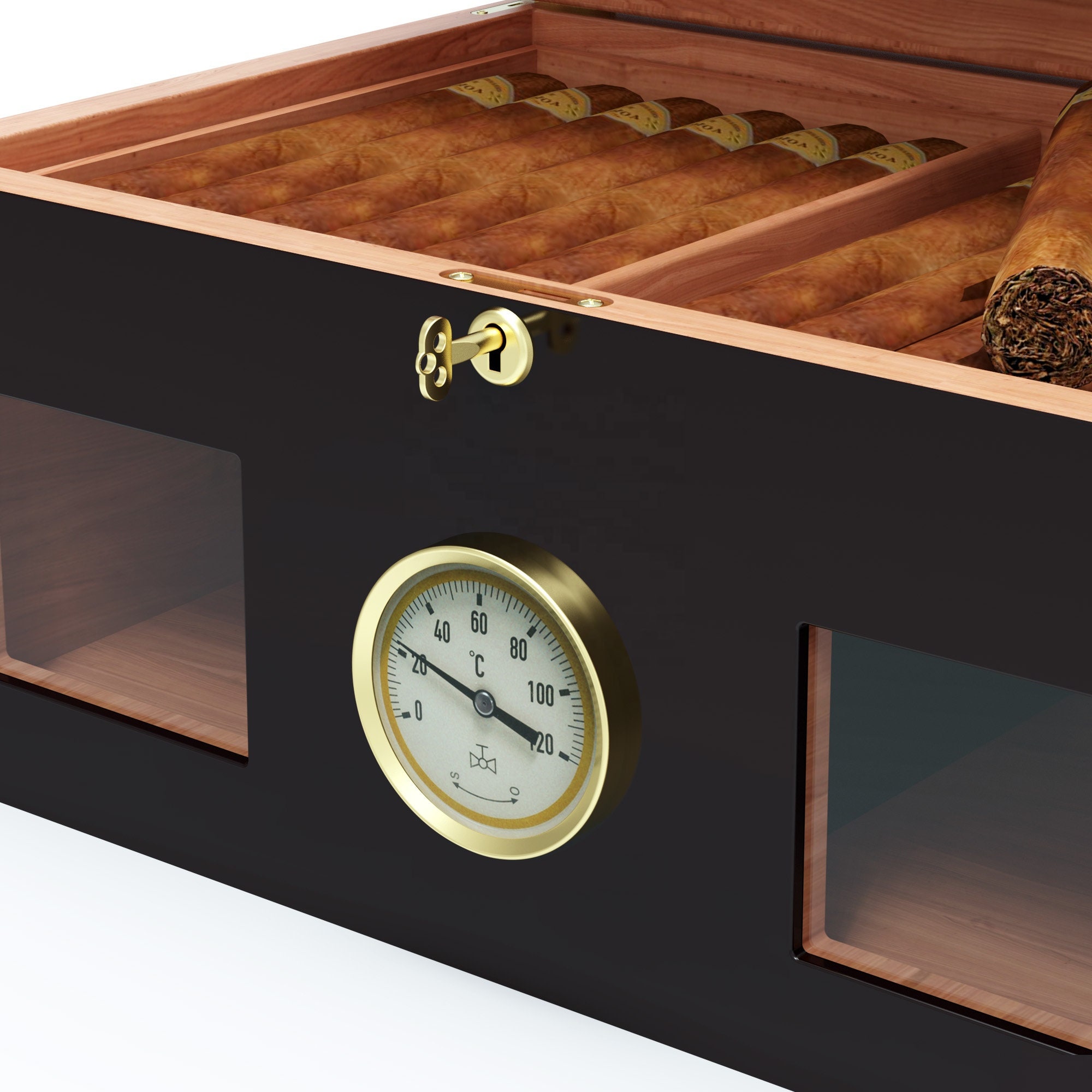 Matte Black Cedar Wood Cigar Humidor Box With Handles and Lock 50-75 ...