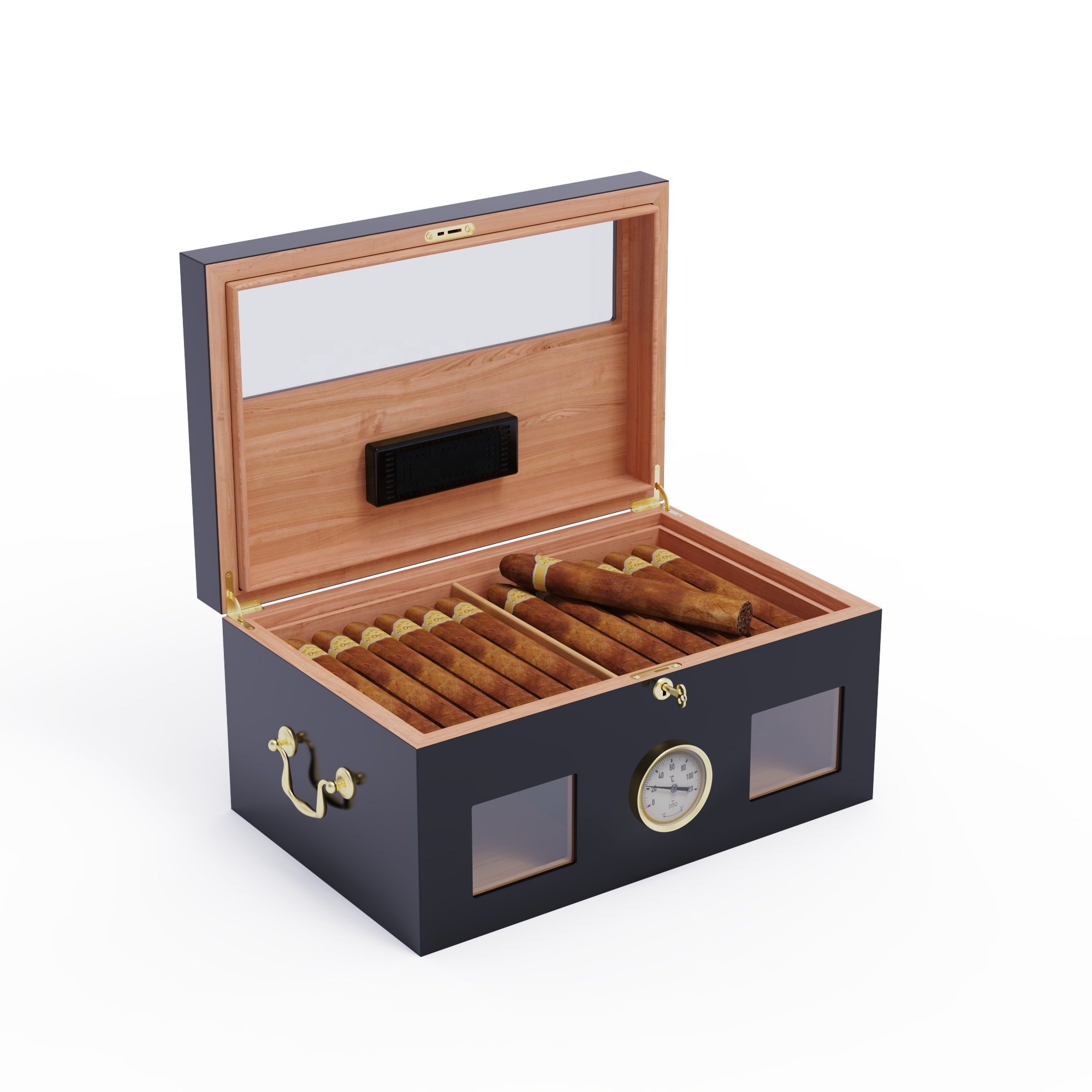 Matte Black Cedar Wood Cigar Humidor Box With Handles and Lock 50-75 ...